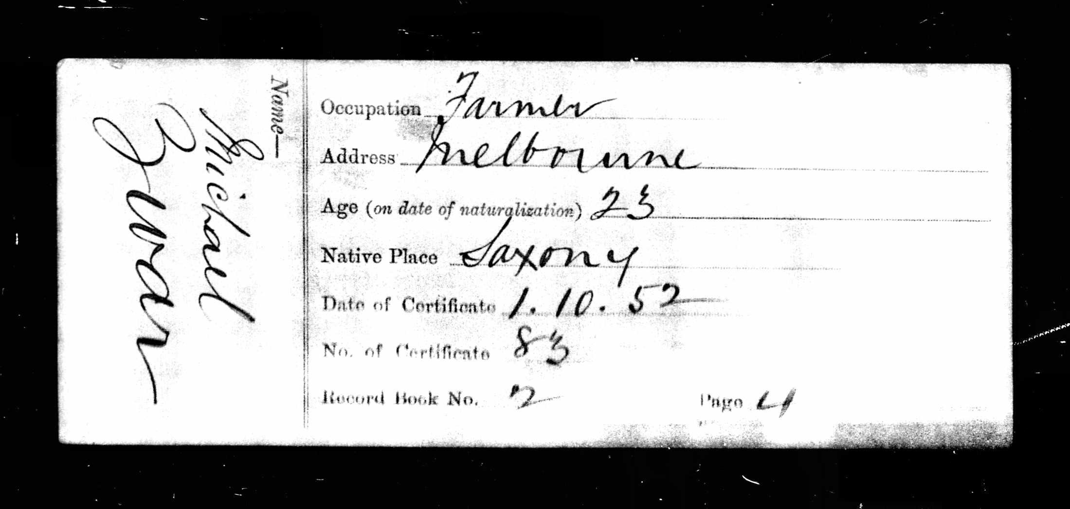 Michael Zwar - Naturalisation Certificate - Anne Logan